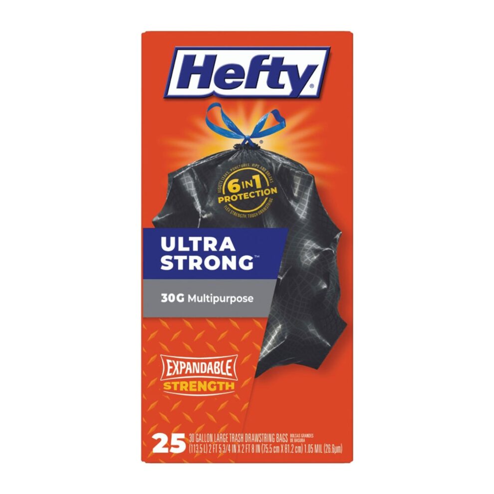 Hefty Ultra Strong Multipurpose Large Trash Bags, Black, Unscented, 30 ...